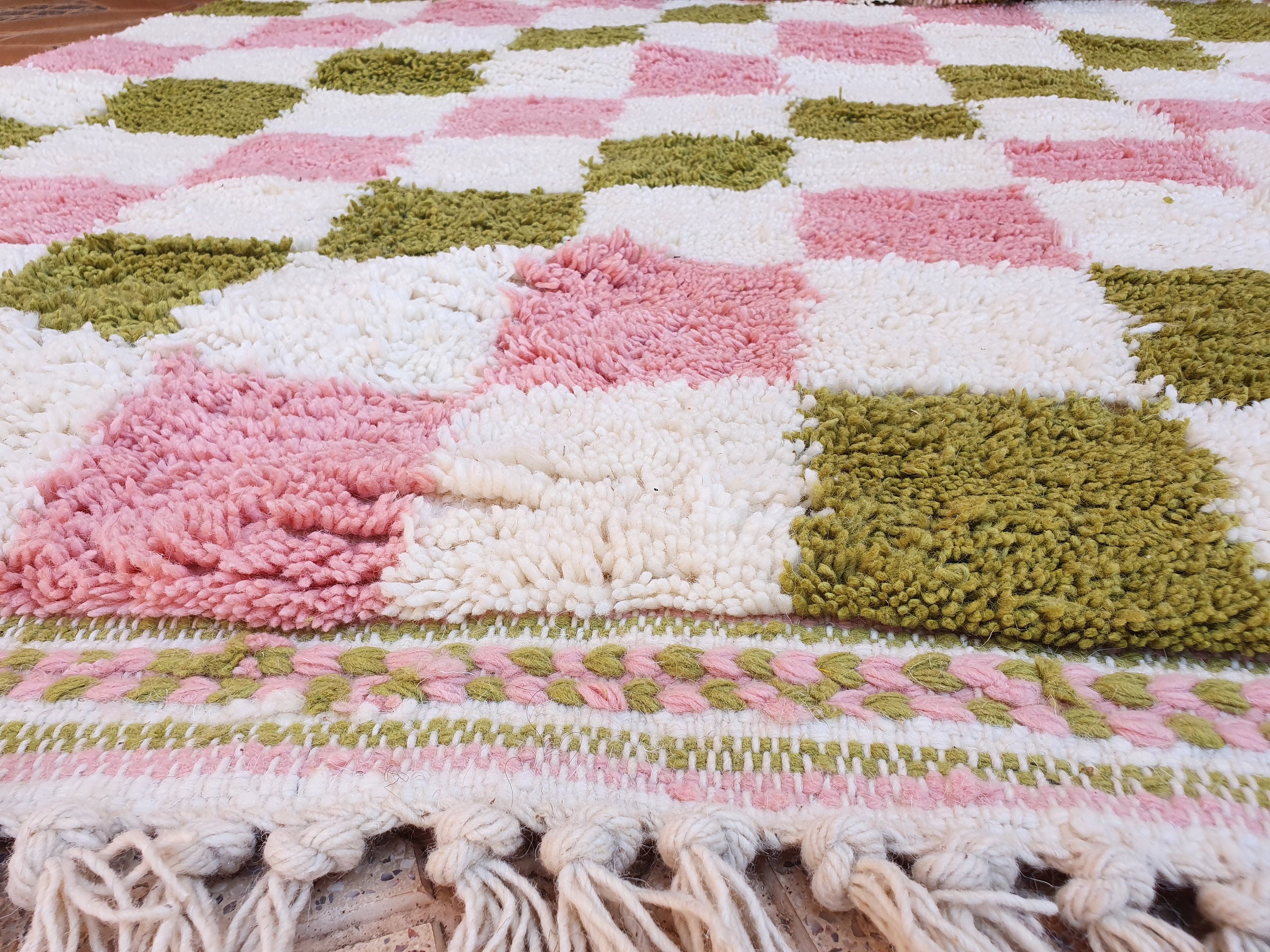 Beautiful Checkered Moroccan Rug Green and Pink Checkered Wool | Etsy