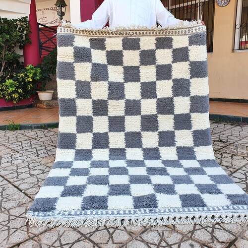 Blue Sky Checkered Rug Wool Hand Woven Genuine Moroccan Beni - Etsy