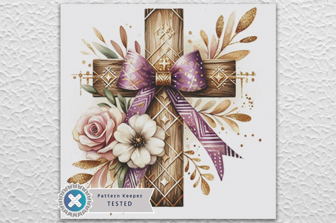 Purple Bow Christian Cross Full Coverage Counted Cross Stitch Pattern ...