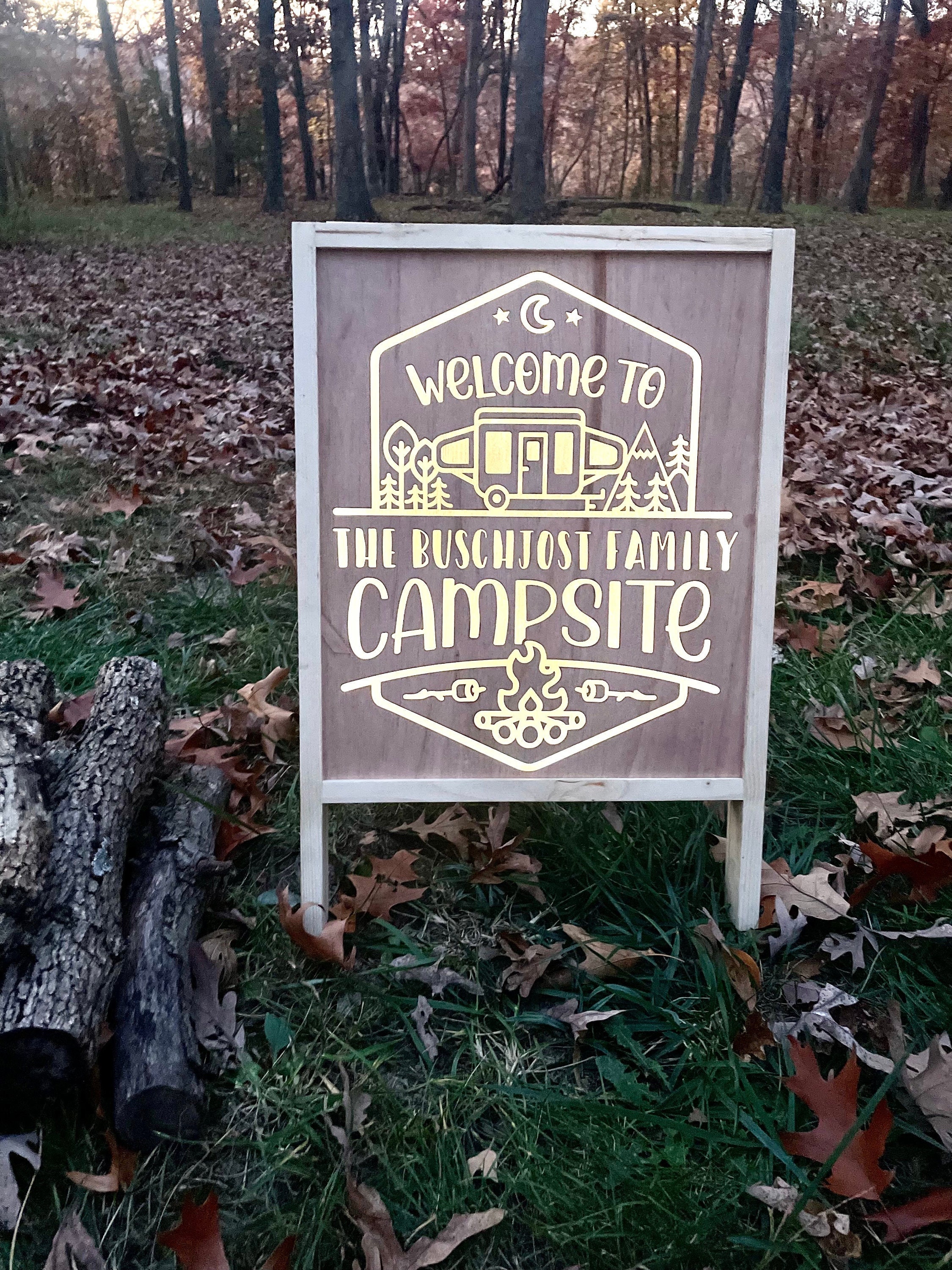 Personalized LED Family Campsite Sign Lighted Wooden Camping Custom ...