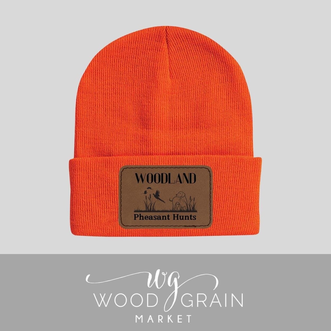 Custom Pheasant Hunting Stocking Cap Leather Patch Blaze Orange Beanie ...