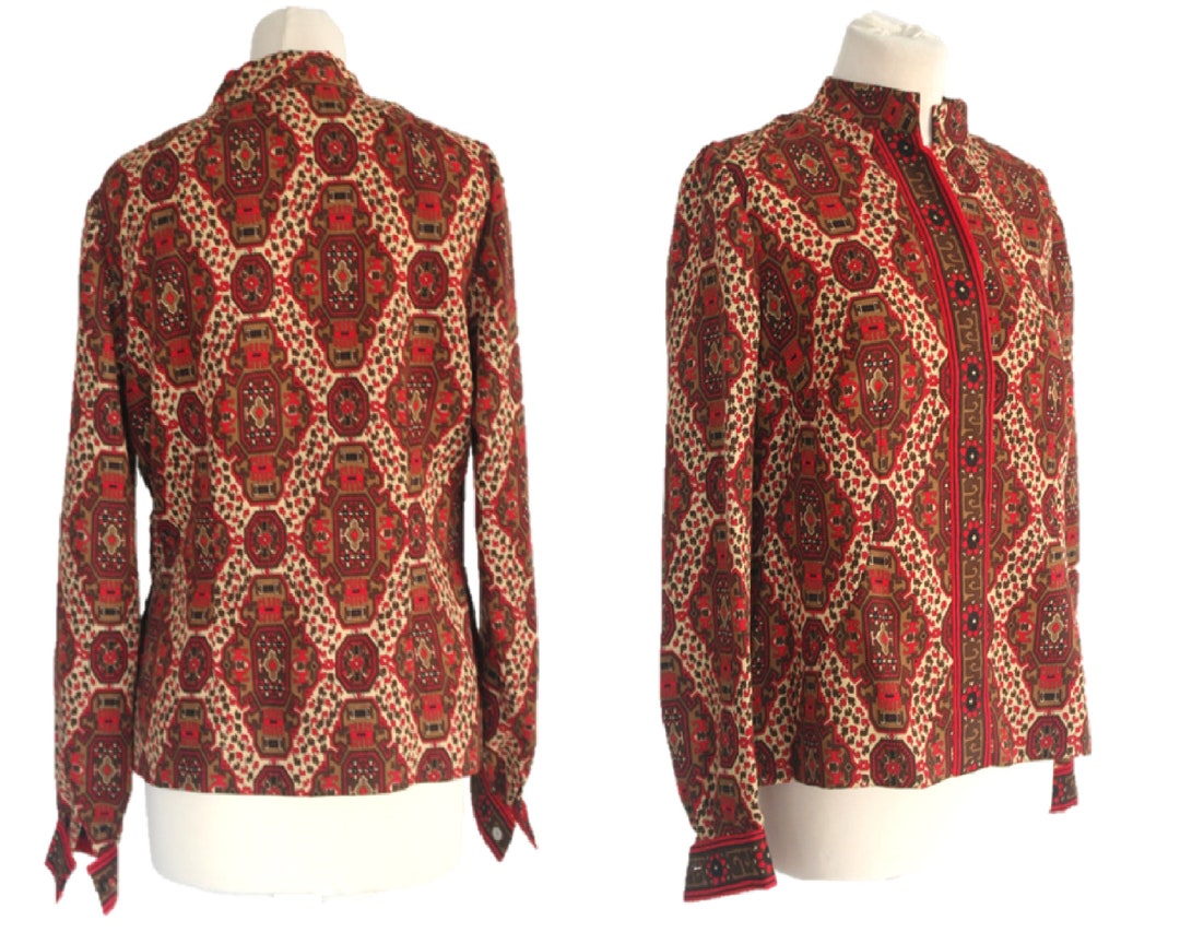 Women Hidden Button Shirt, High Collar Shirt, Long Sleeve, Vintage ...