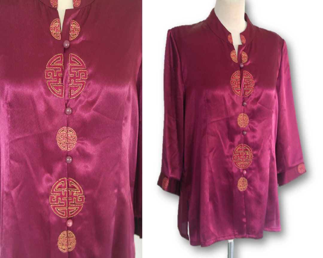 Neon Purple Blous, Chinese Style Purple Satin, Asian Blouse ...