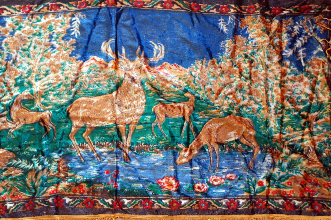 Vintage Velvet Deer Tapestry, Italian Velvet Wall Hanging Deers, Velvet ...