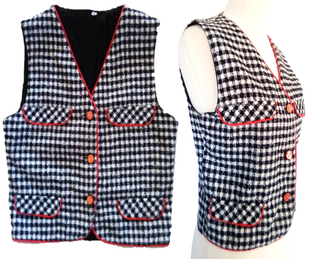 Vintage Checkered Vest, Black and White Checkered Vest With Red Trim ...