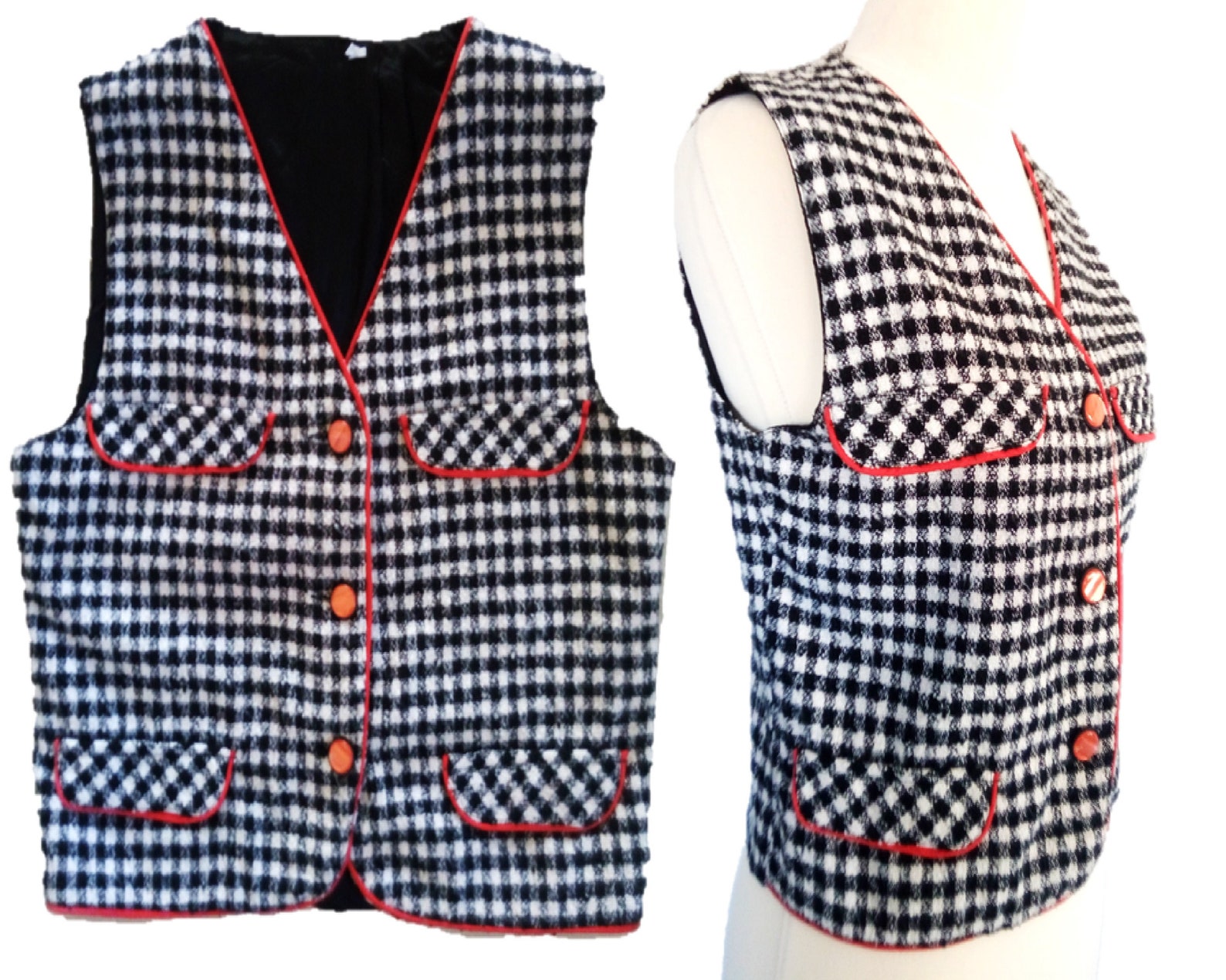 Vintage Checkered Vest, Black and White Checkered Vest With Red Trim ...