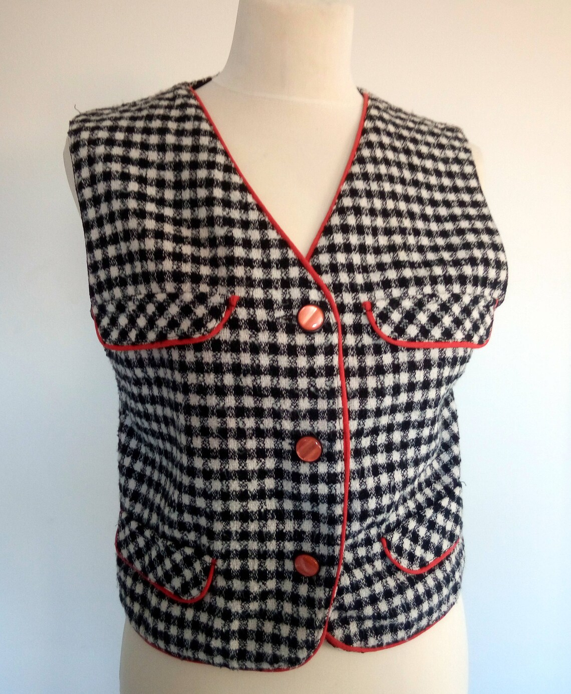 Vintage Checkered Vest, Black and White Checkered Vest With Red Trim ...