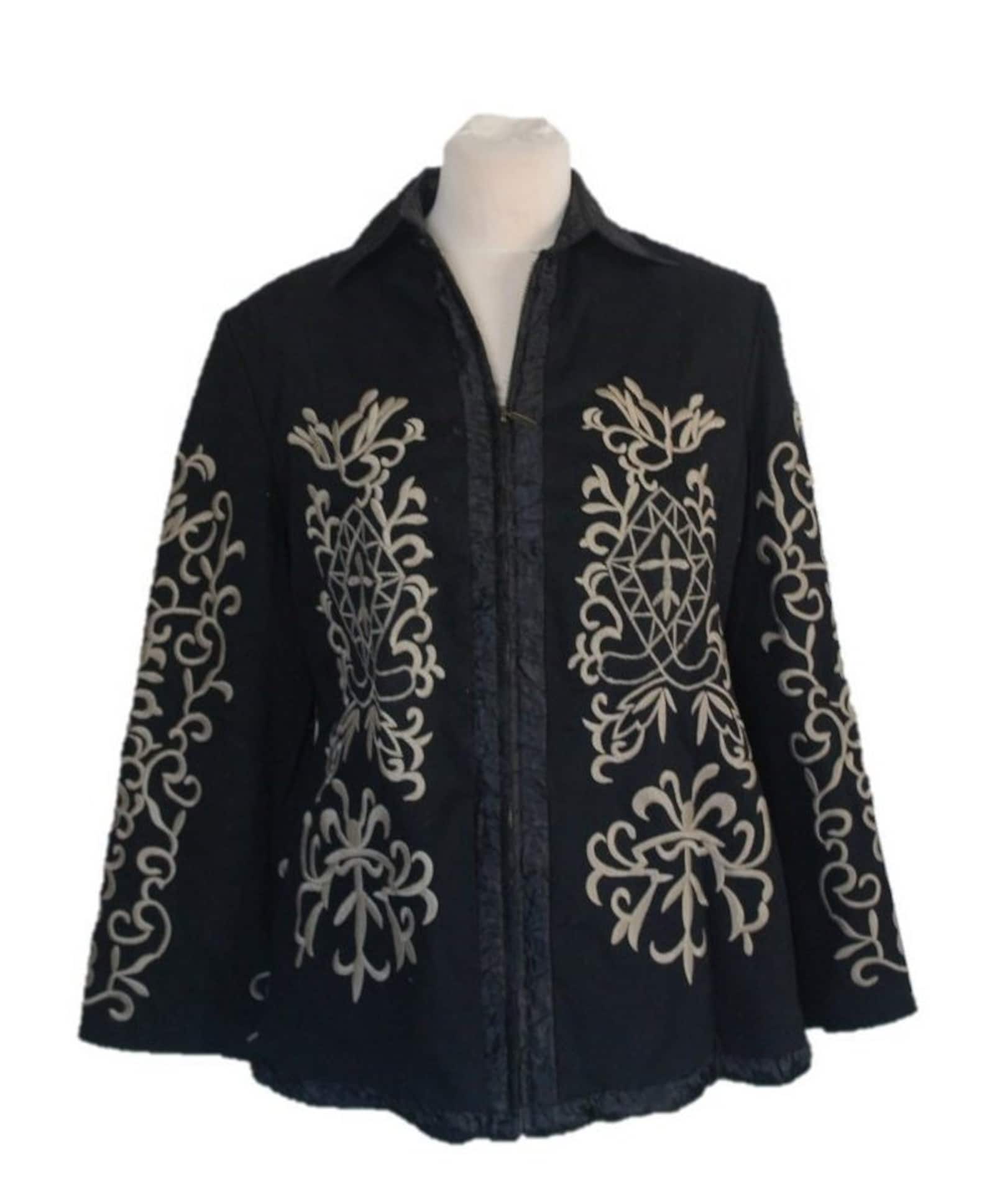 Embroidered Jacket, Black Embroidered Coat, Black Coat With Gray ...