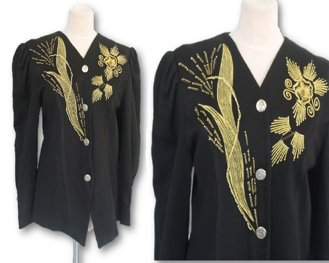 Black and Gold Embroidered Cardigan Jacket, Embroidered Black Jacket ...