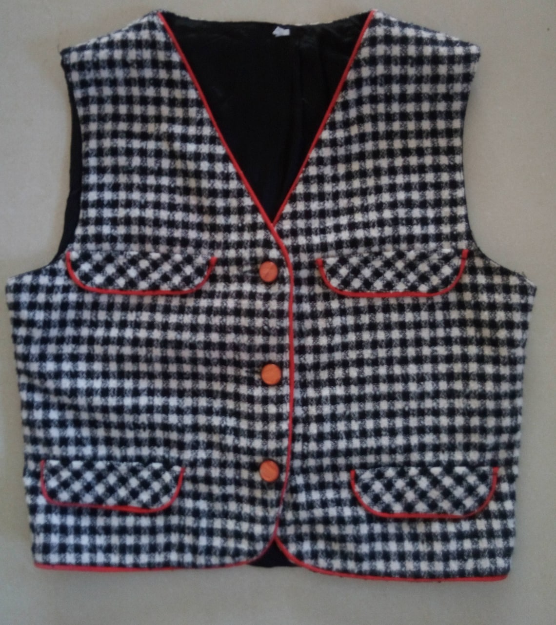 Vintage Checkered Vest, Black and White Checkered Vest With Red Trim ...