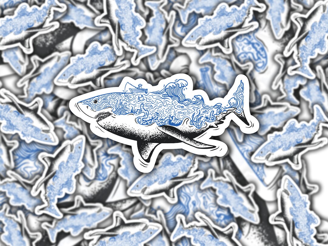 Artistic Great White Shark, Shark Week Decal, Ocean Waves, Waterproof ...