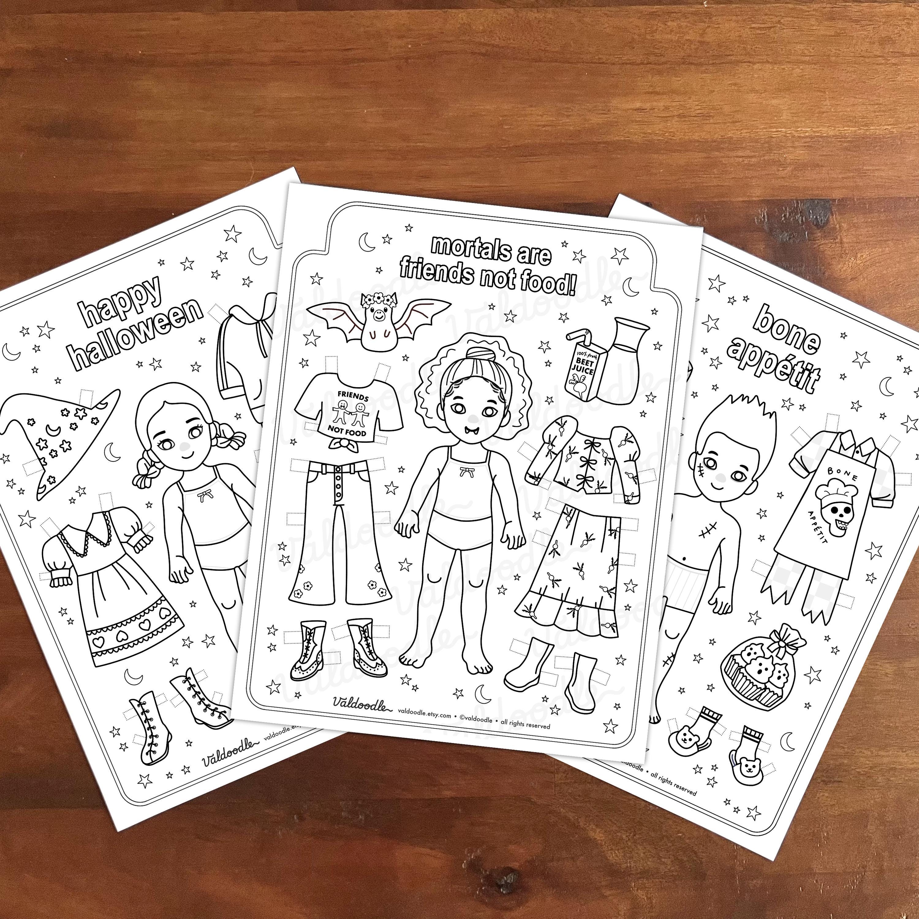 Paper Doll Coloring Pages | Halloween - Witch, Zombie, Vampire ...