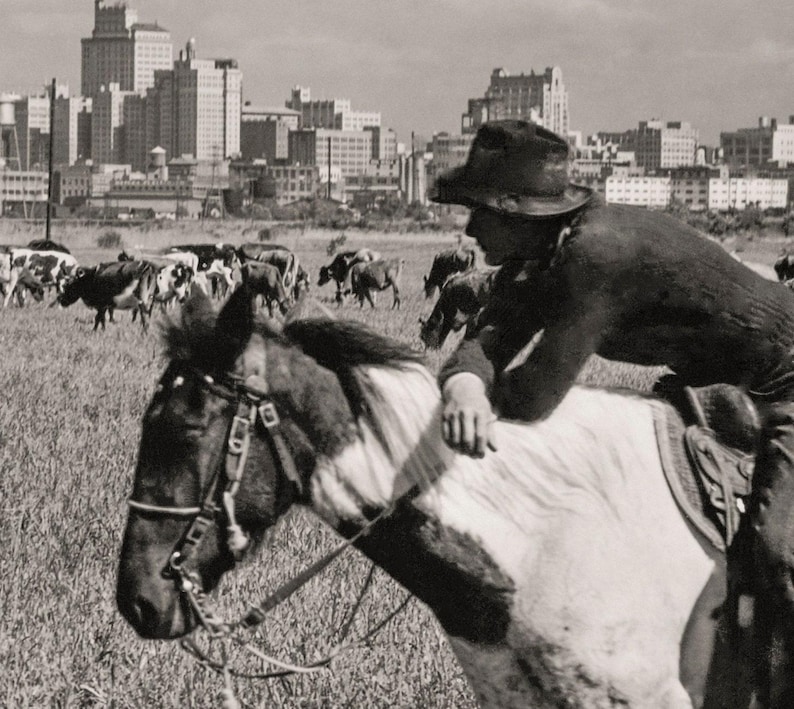 1945 Dallas Skyline Art Print: Cowboy on Horseback, Vintage Texas Photo ...