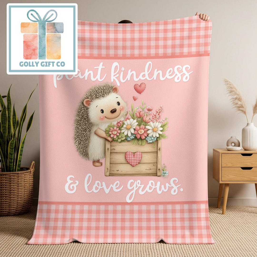 Plant Kindness Love Grows Hedgehog Fleece Blanket - Pink Gingham Throw ...