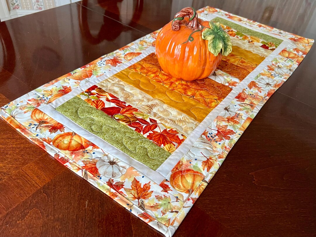 Quilted 32 Inch Fall Pumpkin Table Runner, Handmade Quilted Autumn ...