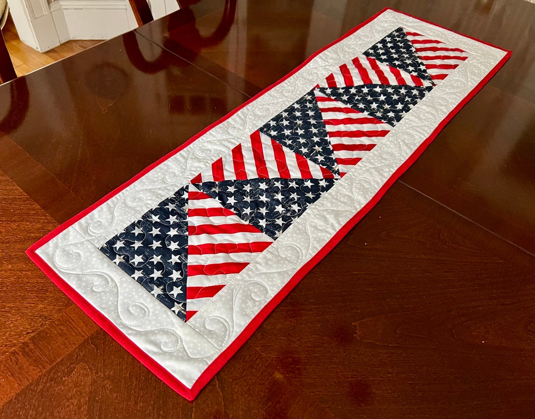 40 Inch Handmade Quilted Flag Table Runner, Quilted Patriotic Runner ...