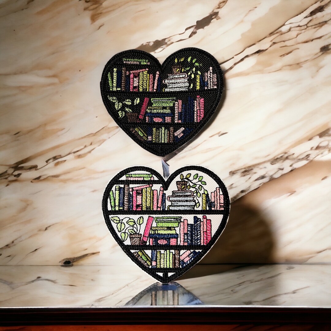 Bookshelf Heart Embroidery Patch Black or White Background Sew on or ...