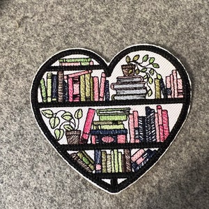 Bookshelf Heart Embroidery Patch Black or White Background Sew on or ...
