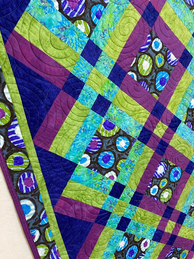 Handmade Purple Green and Teal Zinnia Interlace Twin Size Quilt 55" X ...