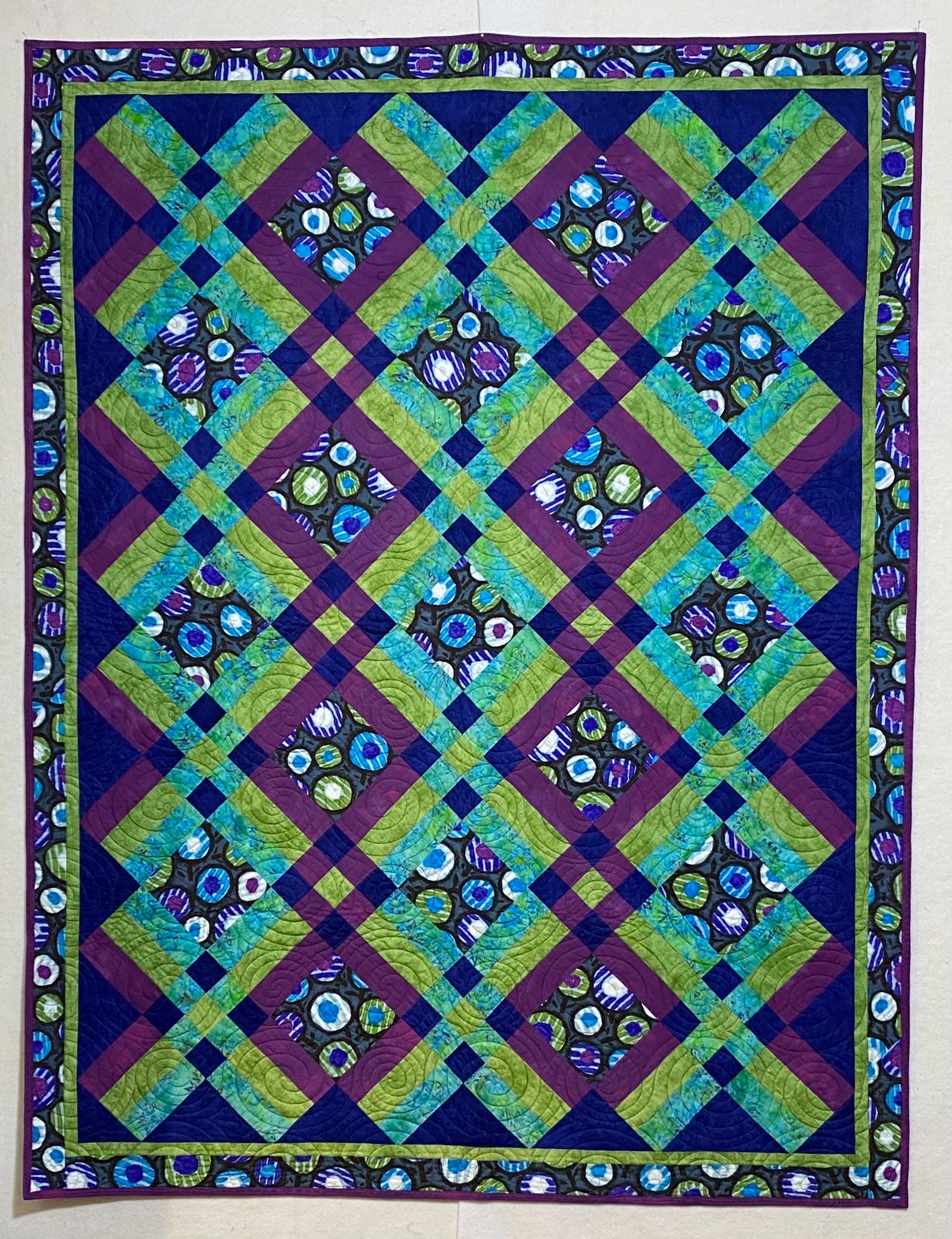 Handmade Purple Green and Teal Zinnia Interlace Twin Size Quilt 55" X ...