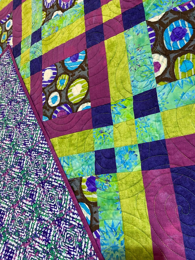Handmade Purple Green and Teal Zinnia Interlace Twin Size Quilt 55" X ...