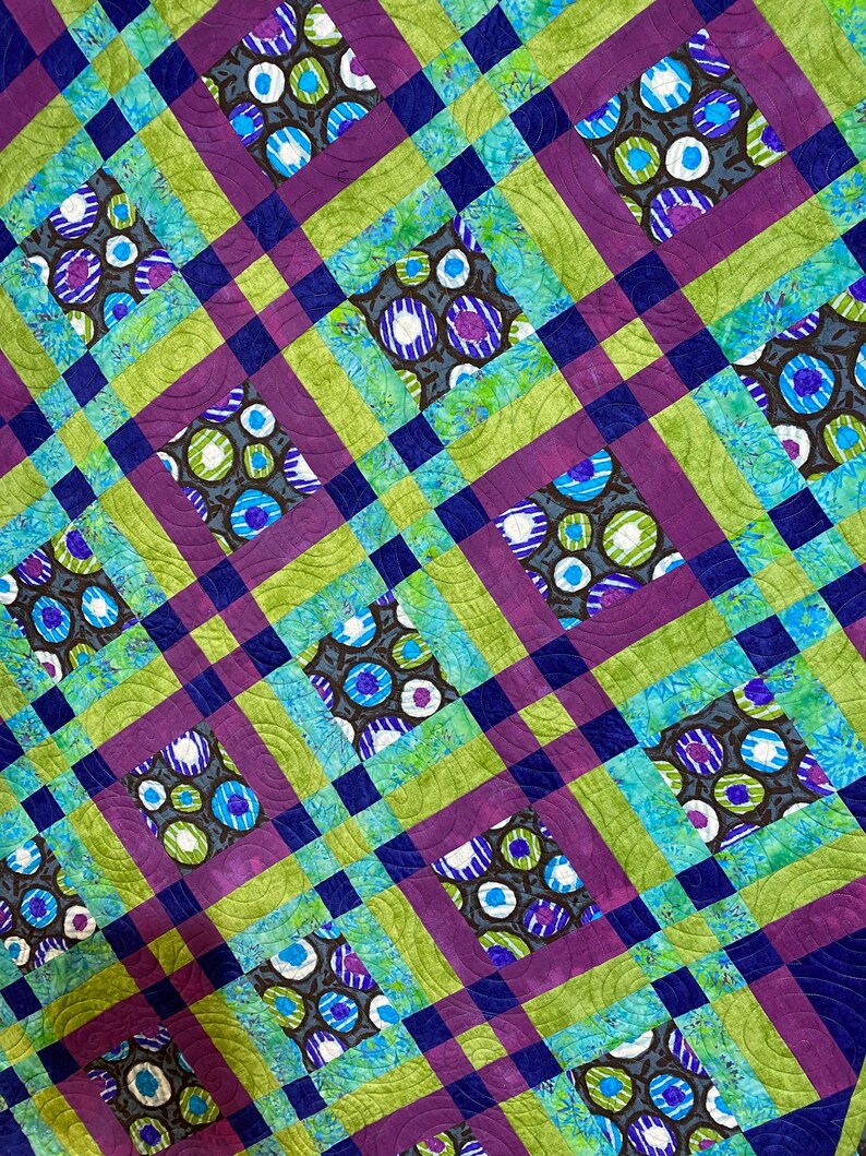 Handmade Purple Green and Teal Zinnia Interlace Twin Size Quilt 55" X ...