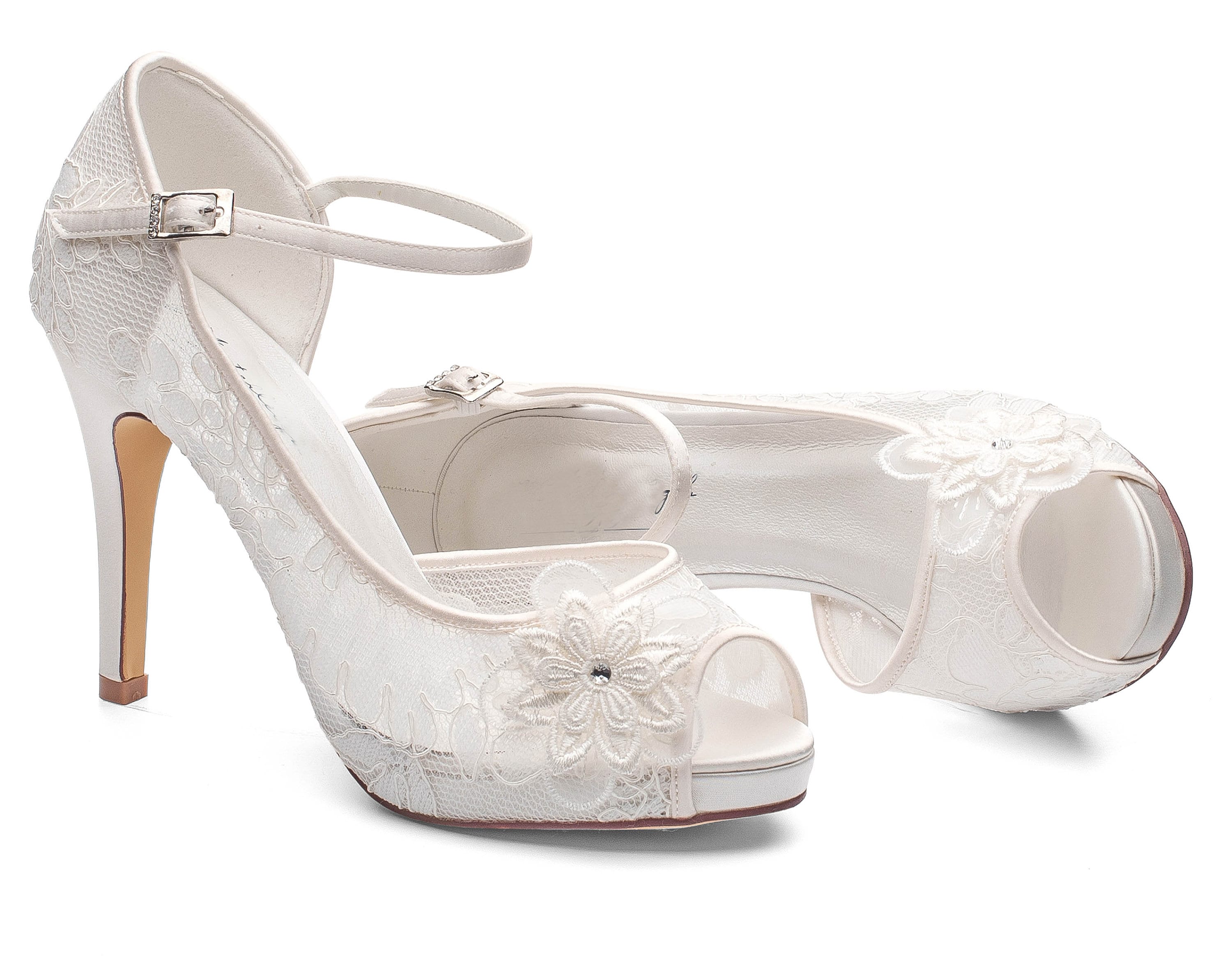 Ivory Transparent Lace Flower Trim High Heel Bridal Shoes, Platform ...