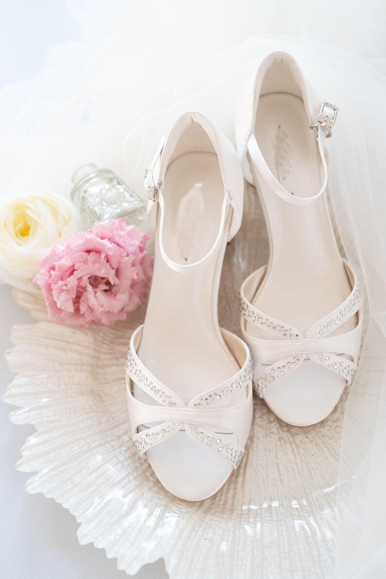 Ivory Satin Diamante Wedding Sandals, Ivory Bridal Low Heel Sandals ...