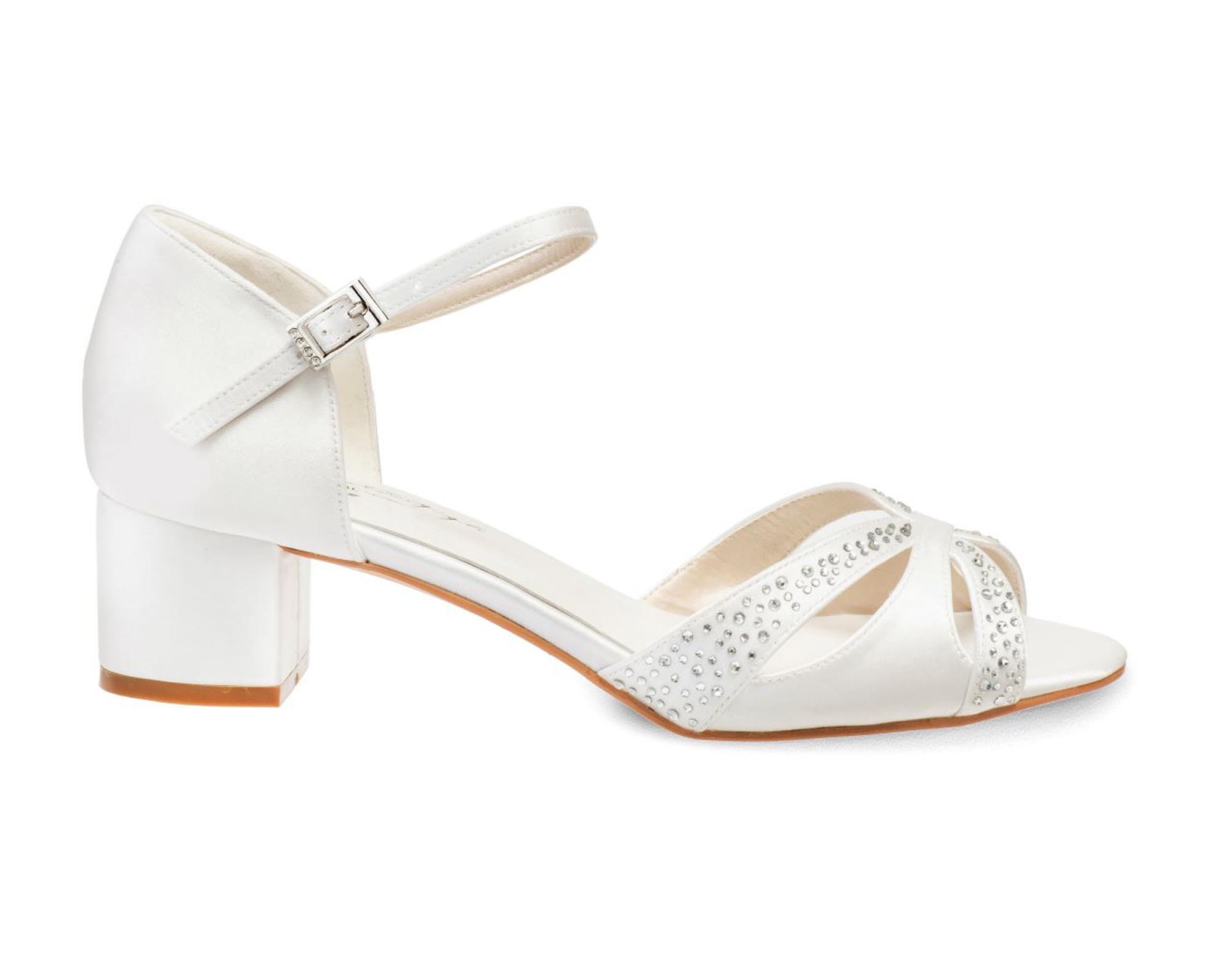 Ivory Satin Diamante Wedding Sandals, Ivory Bridal Low Heel Sandals ...