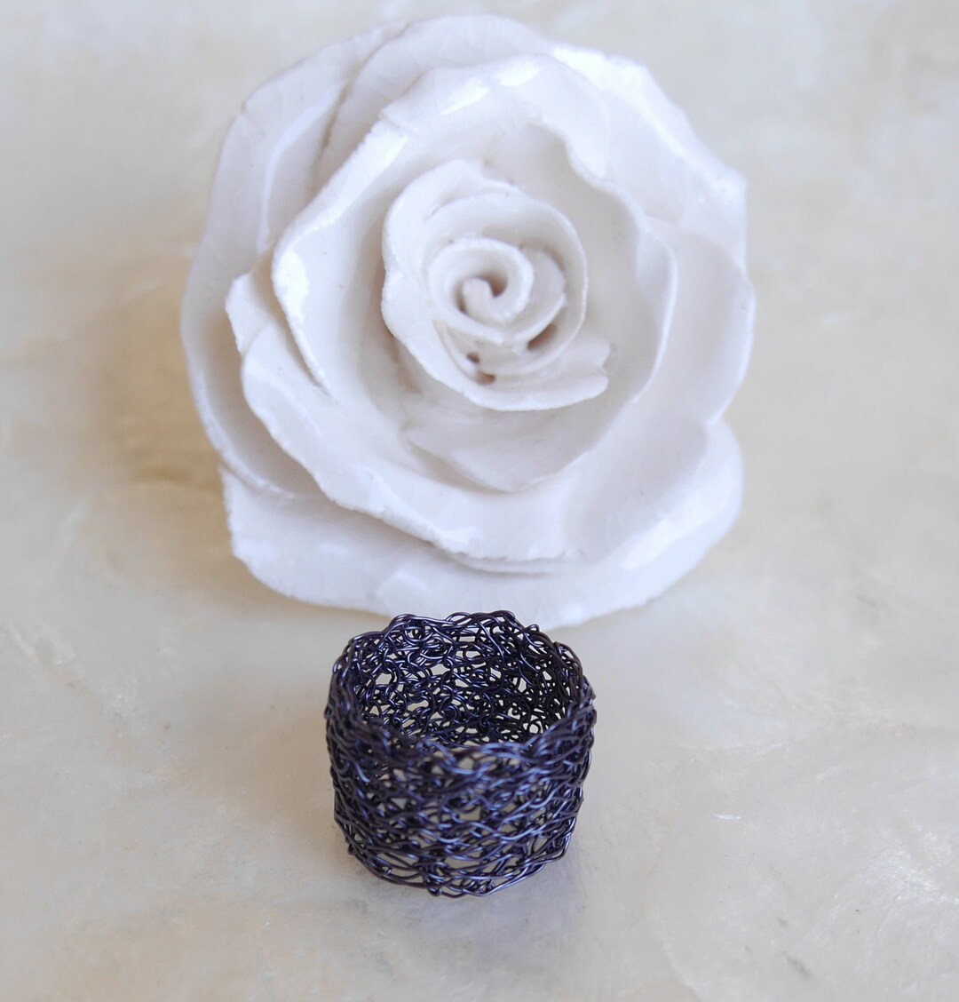 Wide Blue Ring Knitted Dark Blue Ribbon Ring Wire Ring Dark - Etsy