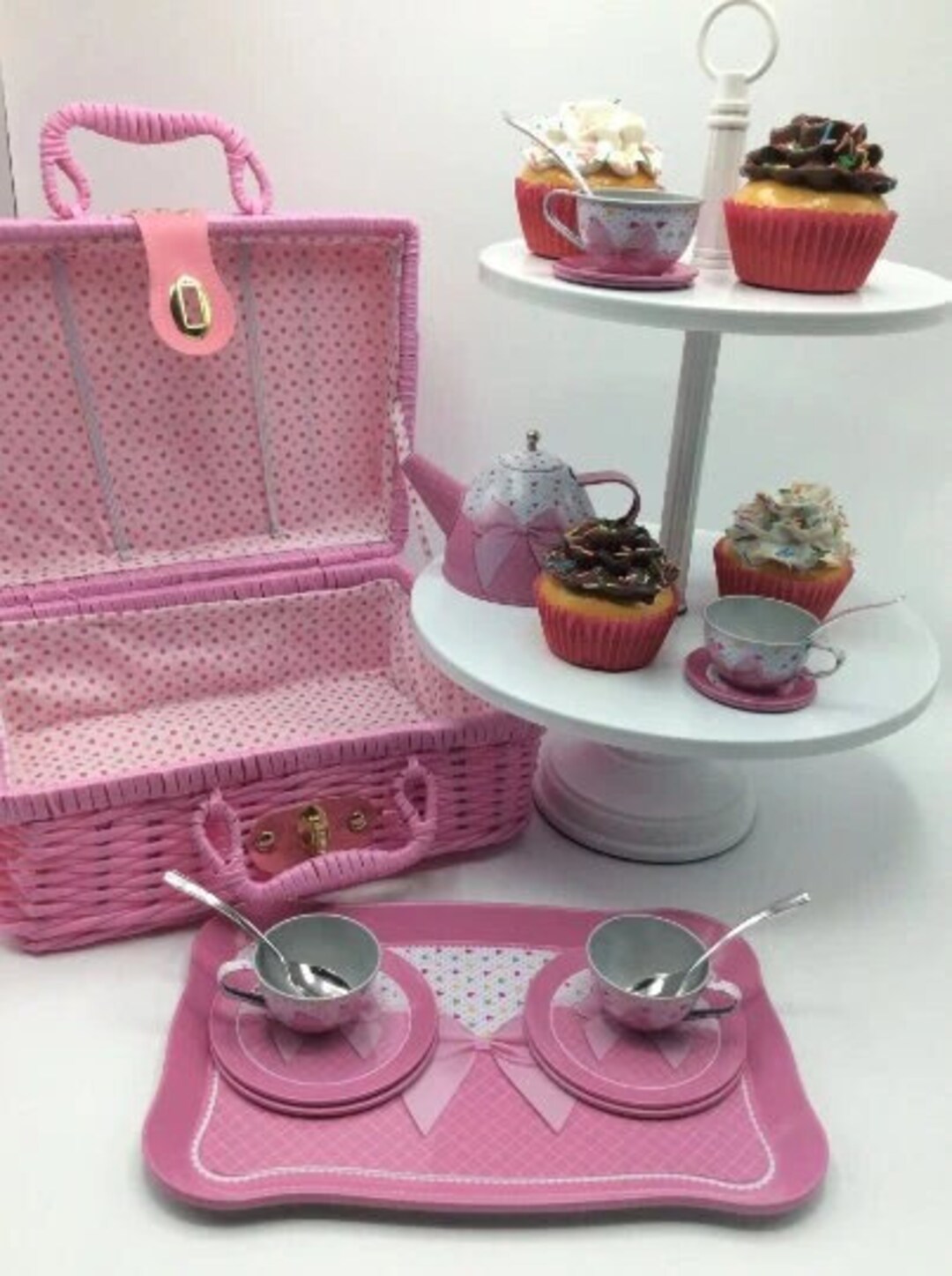 Children's Pink Bow Tea Set With Serving Tray and Wicker Carry Case ...