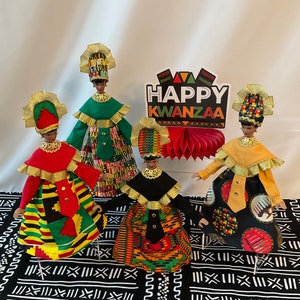 Kwanzaa Set of Seven Figurines, Black Ethnic Figurines, Kinara ...