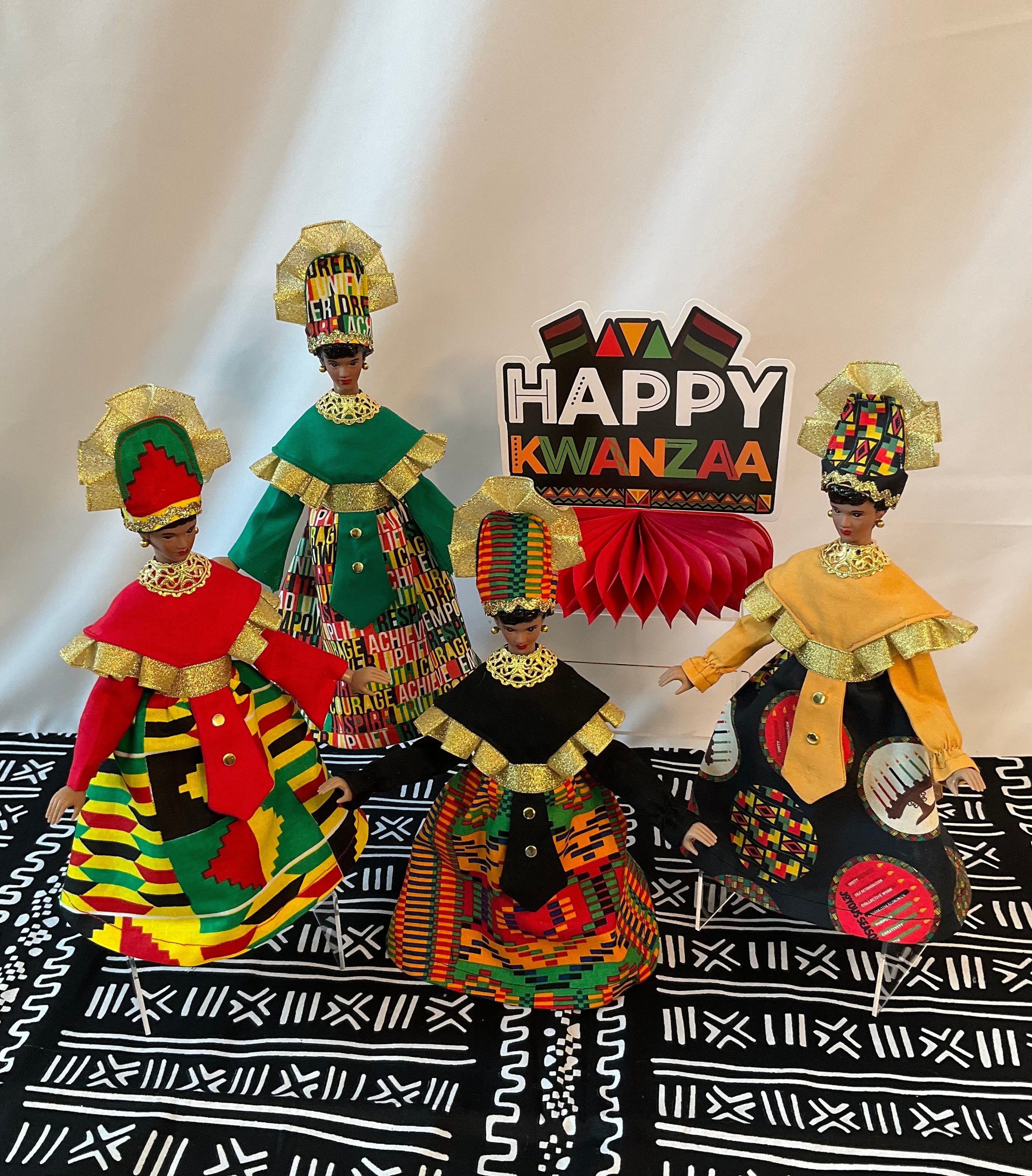 Kwanzaa Set of Seven Figurines, Black Ethnic Figurines, Kinara ...