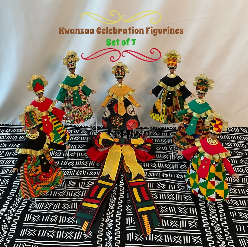 Kwanzaa Set of Seven Figurines, Black Ethnic Figurines, Kinara ...