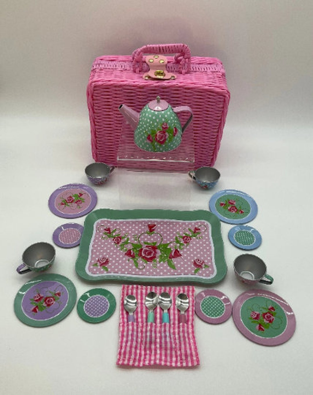Children's Tin Tea Set With Tray and Wicker Carry Basket Girls Tea ...
