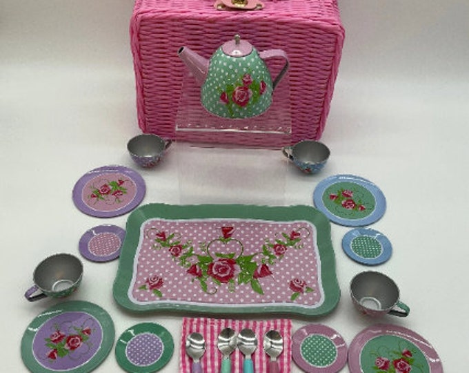 Children's Tin Tea Set With Tray and Wicker Carry Basket - Girls Tea ...