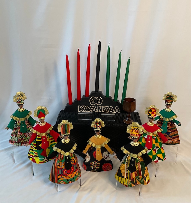 Kwanzaa Set of Seven Figurines, Black Ethnic Figurines, Kinara ...