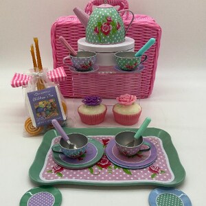 Children's Tin Tea Set With Tray and Wicker Carry Basket Girls Tea ...