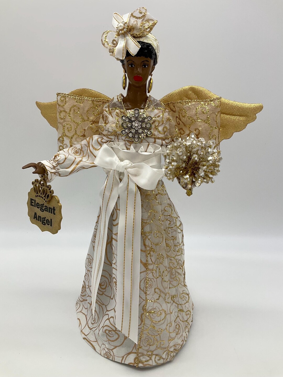 Elegant Winter White Angel Tree Topper With Gold Accents - Holiday ...