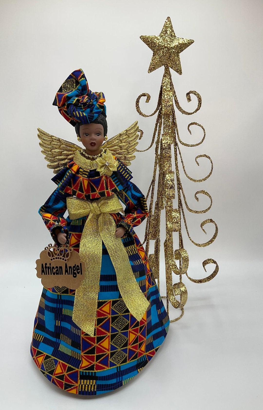 African Angel Tree Topper - Handcrafted 14 1/2 Inch Angel With Ankara ...