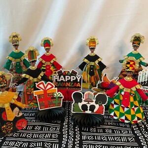 Kwanzaa Set of Seven Figurines, Black Ethnic Figurines, Kinara ...