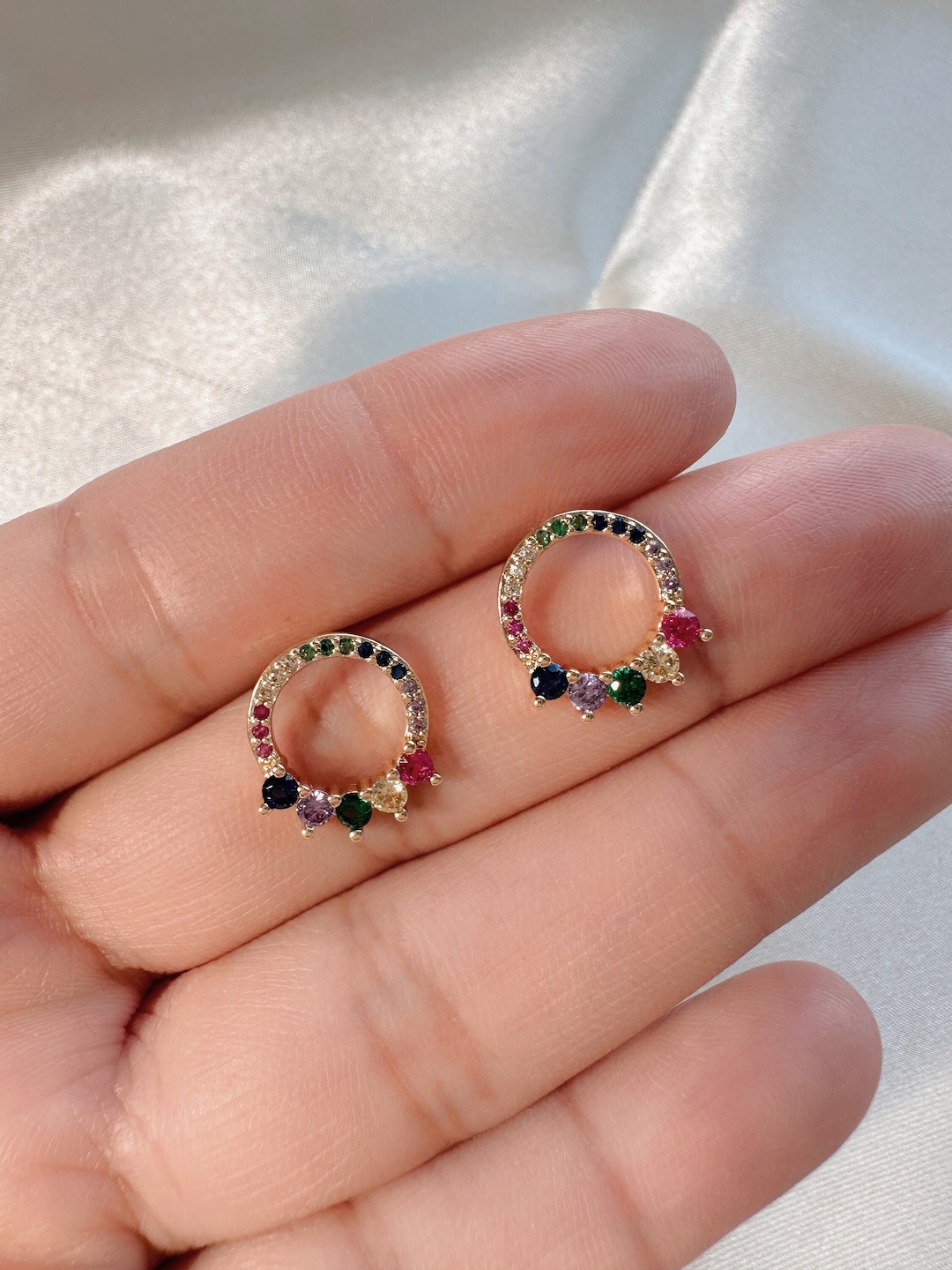 14K Gold Multicolor Stud Earrings Rainbow Open Circle Stud Earrings ...