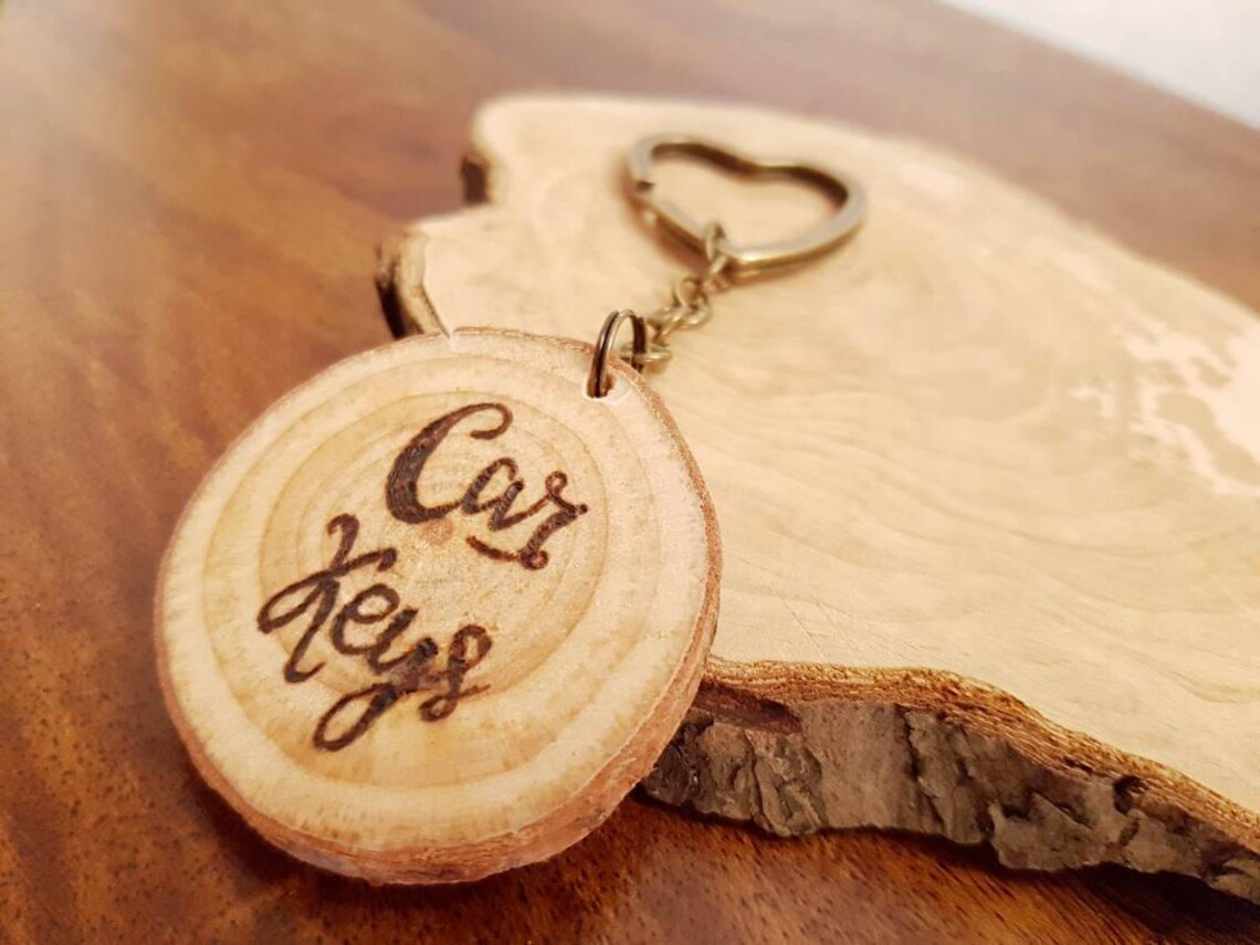 Personalised gift Wooden keyring log slice keyring name | Etsy