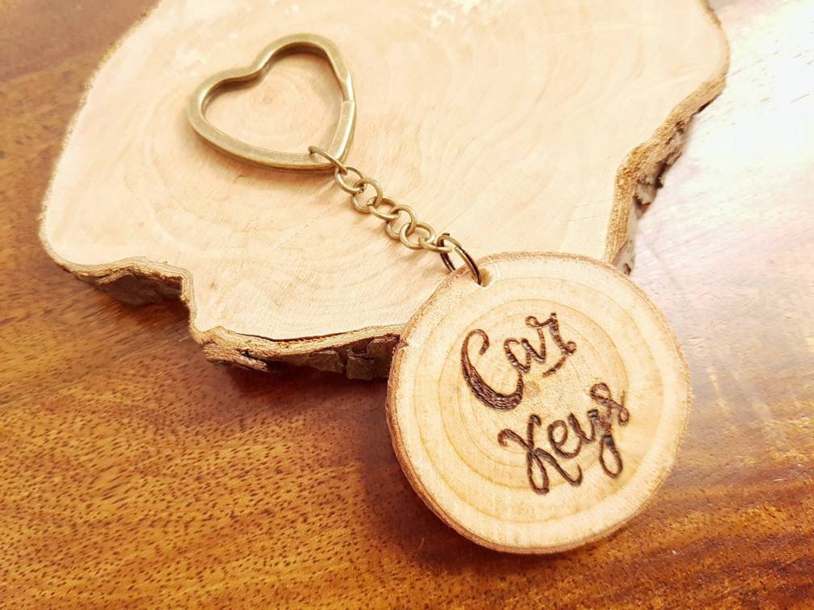Personalised gift Wooden keyring log slice keyring name | Etsy