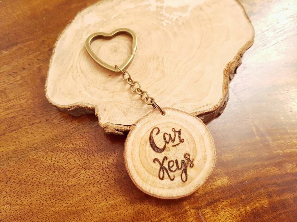 Personalised gift Wooden keyring log slice keyring name | Etsy