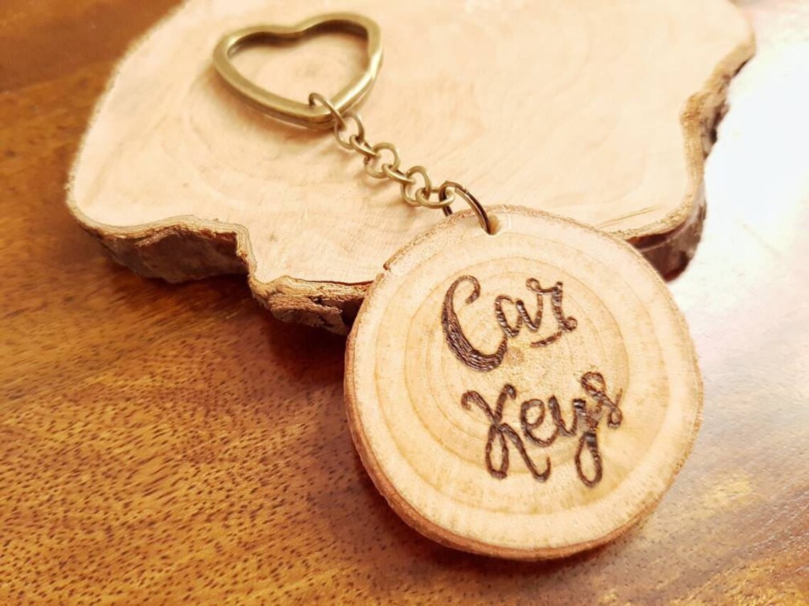 Personalised gift Wooden keyring log slice keyring name | Etsy