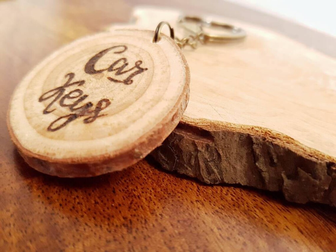Personalised gift Wooden keyring log slice keyring name | Etsy