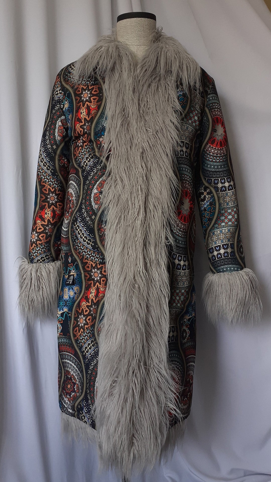 Reversible Faux Fur Coat/custom Printed Fabric/festival Custom Coat ...