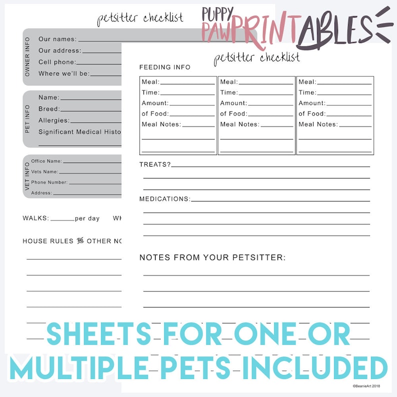 Pet Care Printable Petsitter Checklist Sheets for One or Multiple Pets ...
