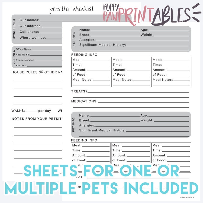 Pet Care Printable Petsitter Checklist Sheets for One or Multiple Pets ...